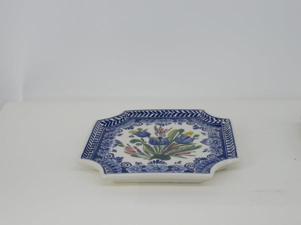 Square delft wall plate handpainted with a red tulip bouquet